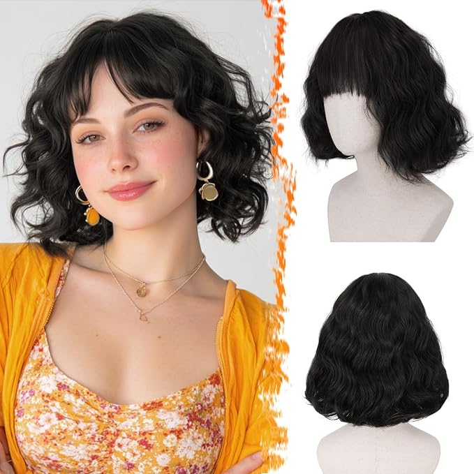 Amazon.com : BARSDAR Dark Brown Short Wavy Wig with Bangs - Short Curly ...