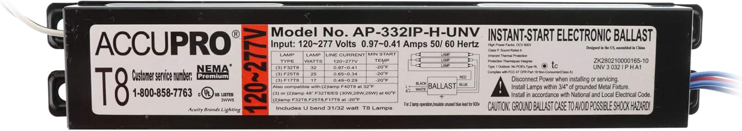 Accupro AP-332IP-H-UNV Electronic Fluorescent Ballast, 3-Lamp, T8 F32T8 ...