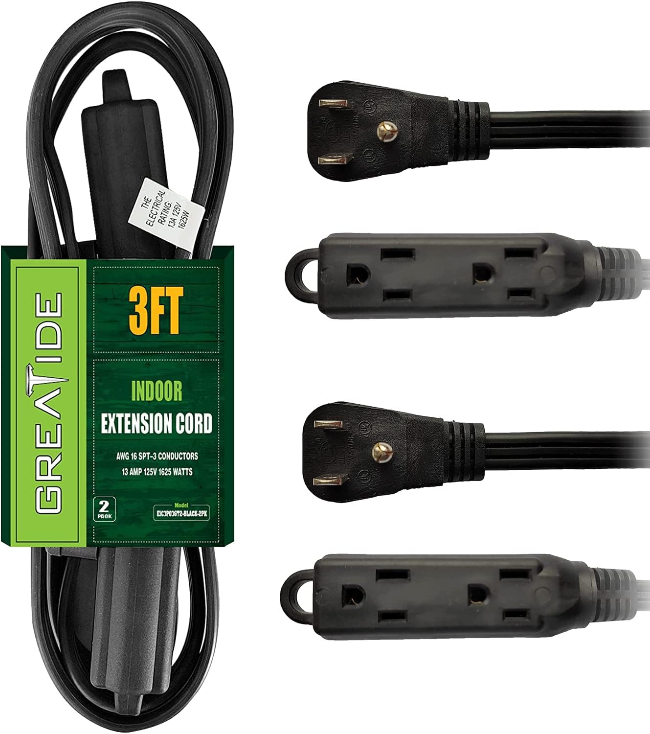 Amazon.com: GREATIDE 3 Ft 3 Outlet Extension Cord with Flat Plug, 3 ...