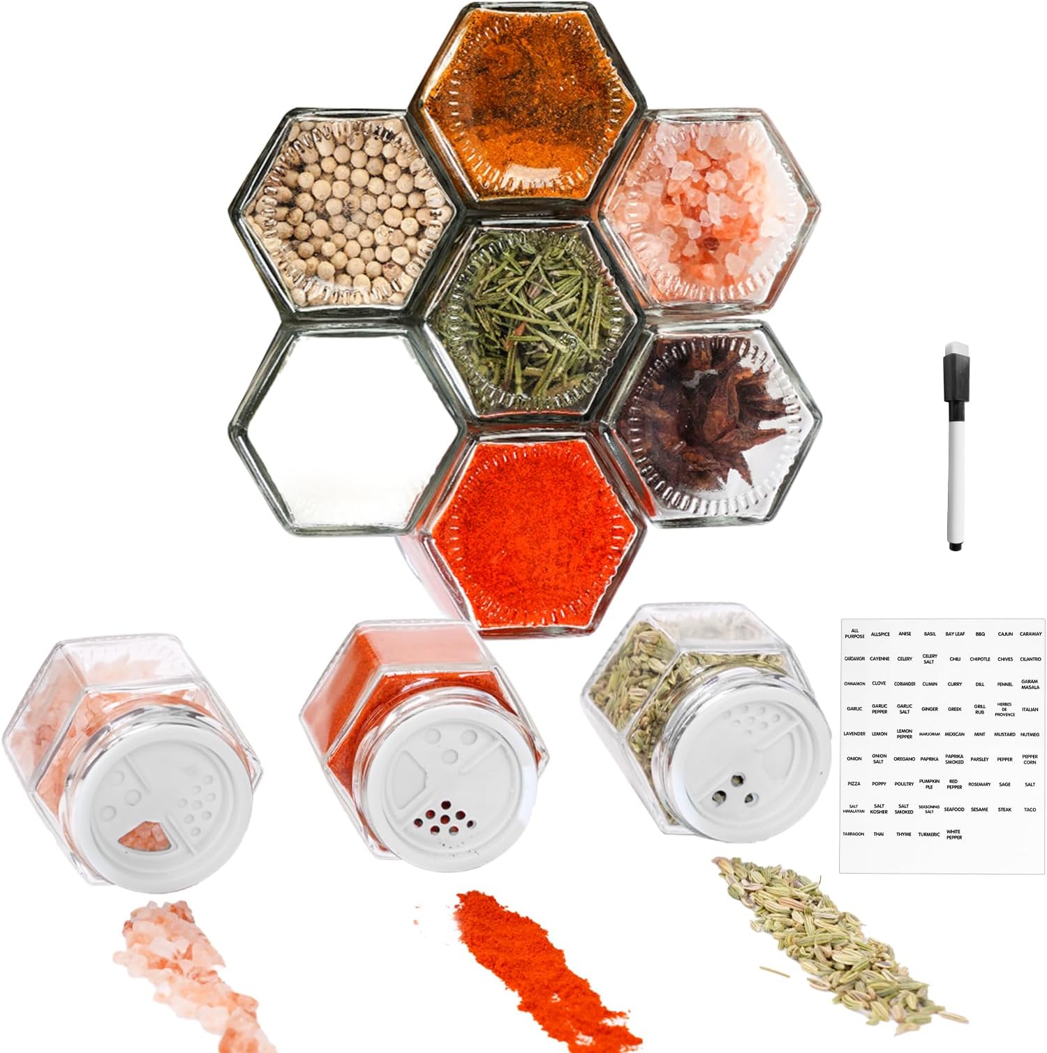 Amazon.com: IMPRESA 15 Pack Hexagonal Magnetic Spice Jars, Includes 60 ...