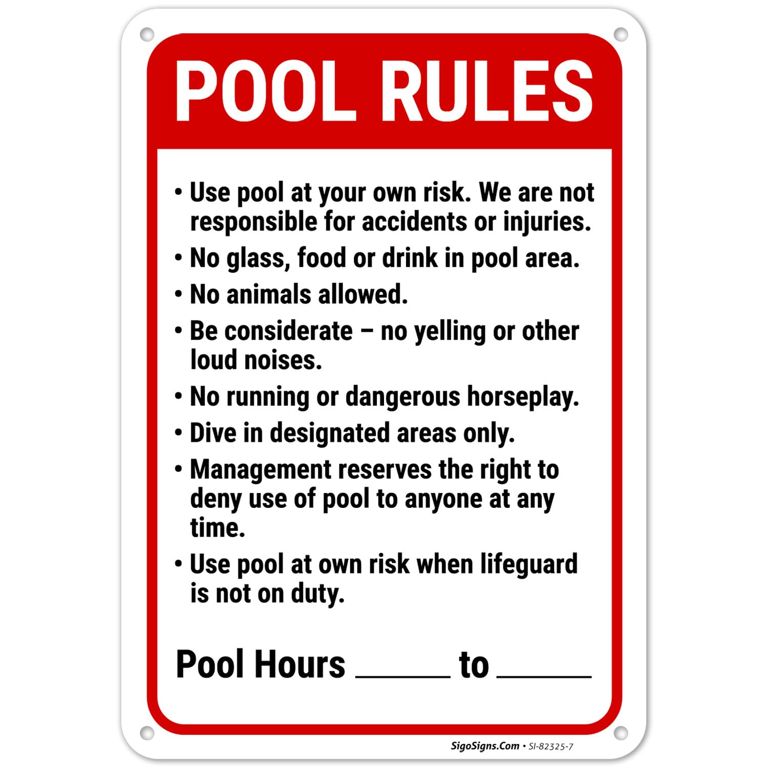Sigo Signs, Commercial Pool Rules Sign, 10x7 Inches, Rust Free .040 ...