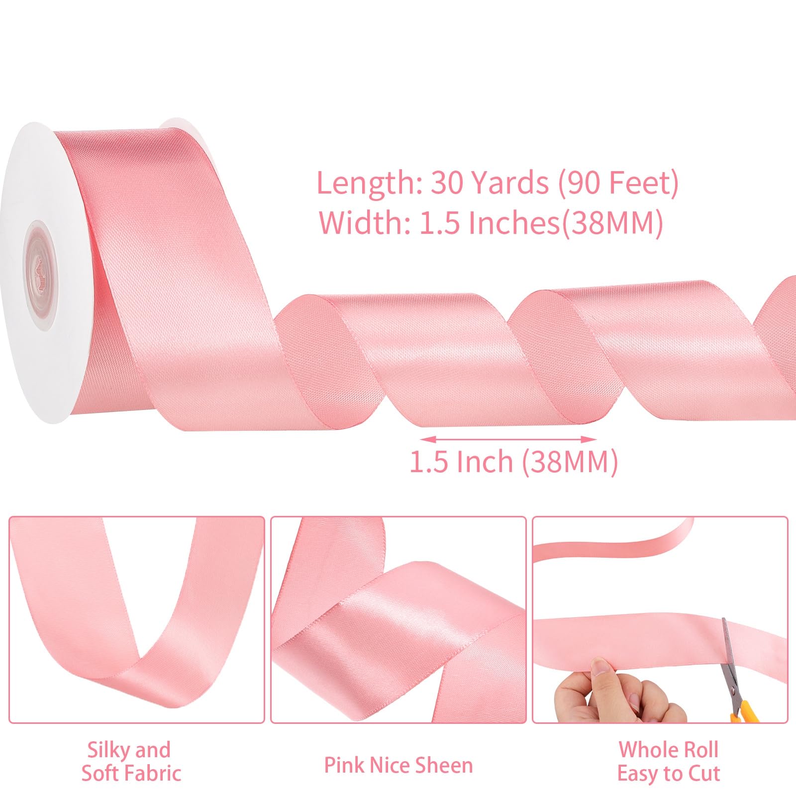 Snapklik.com : Pink Ribbon 1-1/2 Inch 30 Yards Pink Satin Christmas ...