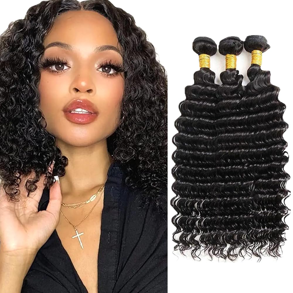Amazon.com : Deep Wave Bundles Human Hair 1B Deep Curly Weave Hair 3 Bundles 18 20 22 inch Wet ...