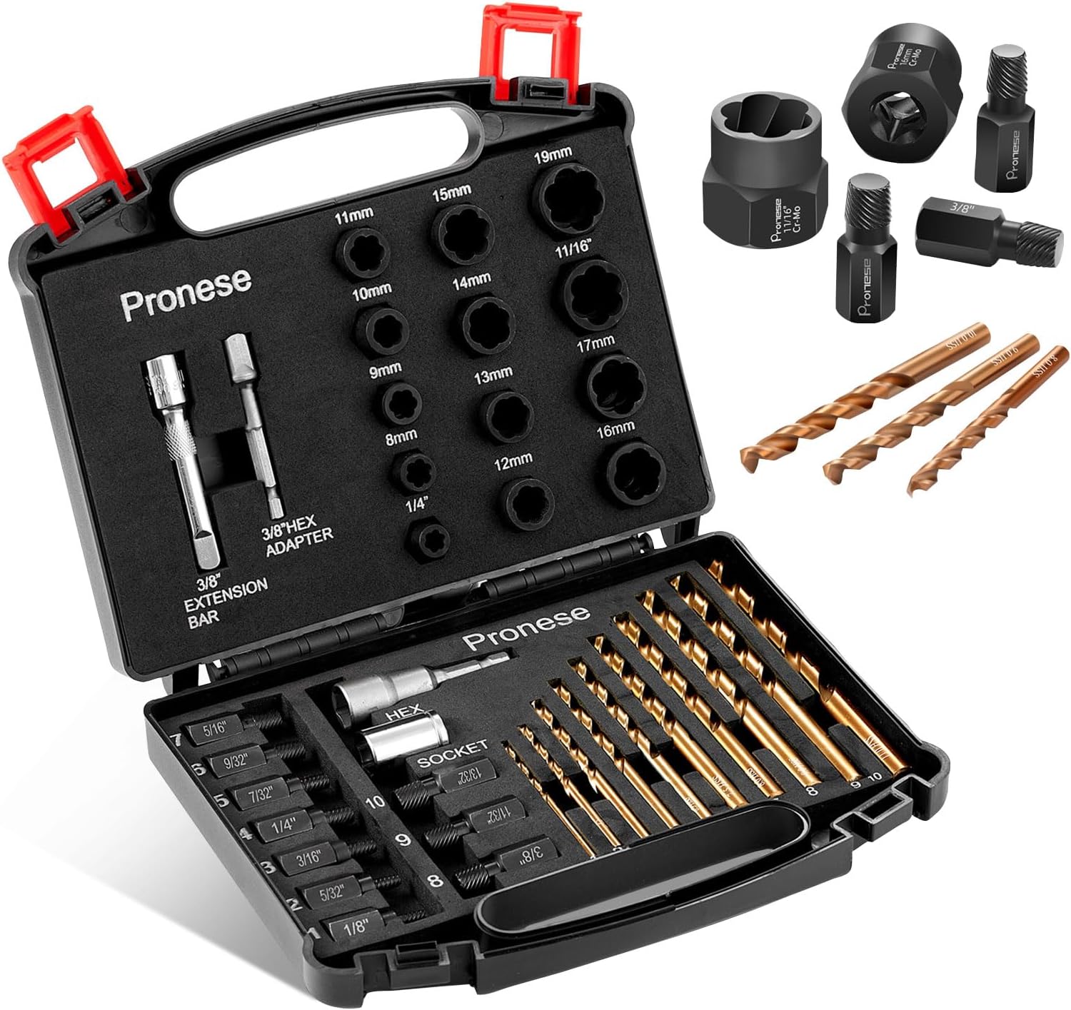 Pronese Heavy Duty bolt extractor kit&screw extractor set,37PCS broken ...