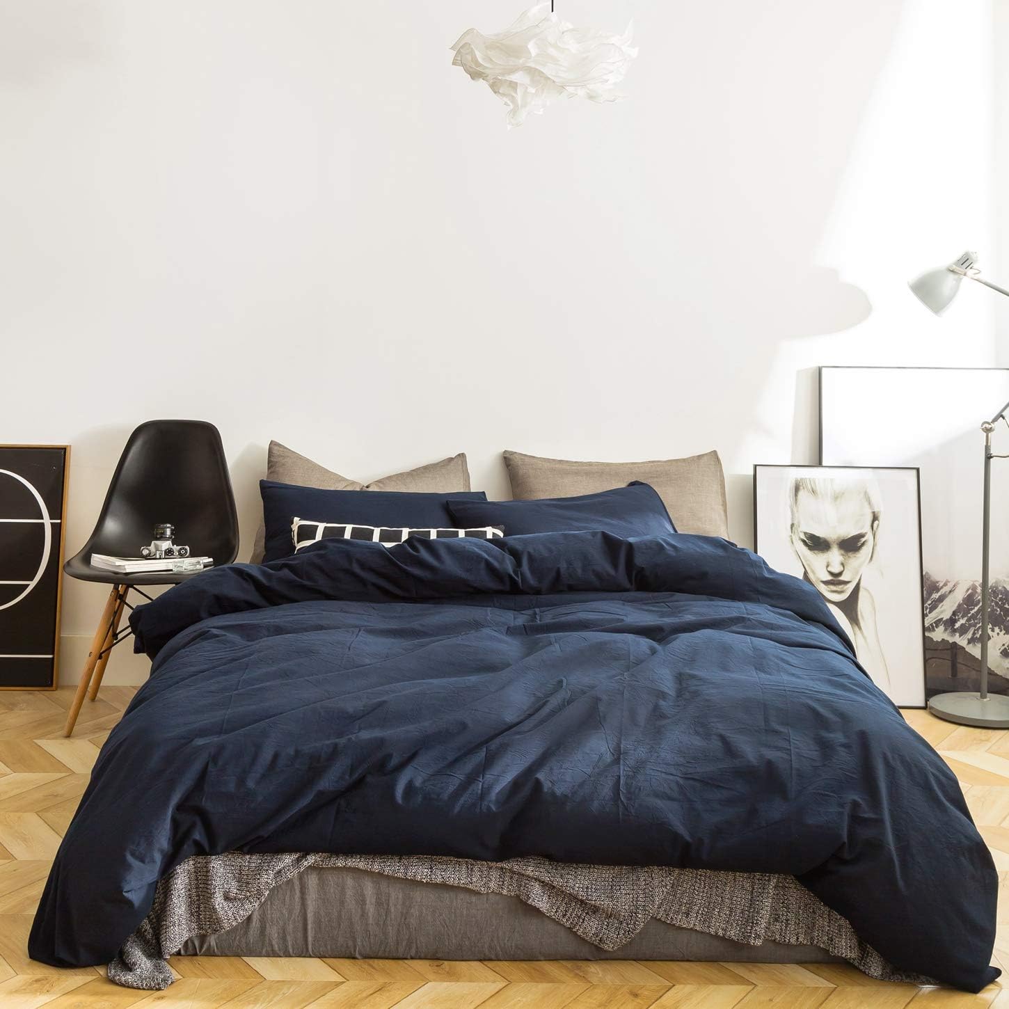 Amazon.com: SUSYBAO Navy Blue Duvet Cover Queen 100% Washed Cotton 3 ...