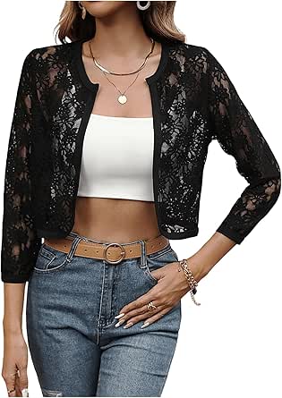 OYOANGLE Women's Lace Mesh Open Front Cropped Cardigans 3/4 Sleeve ...