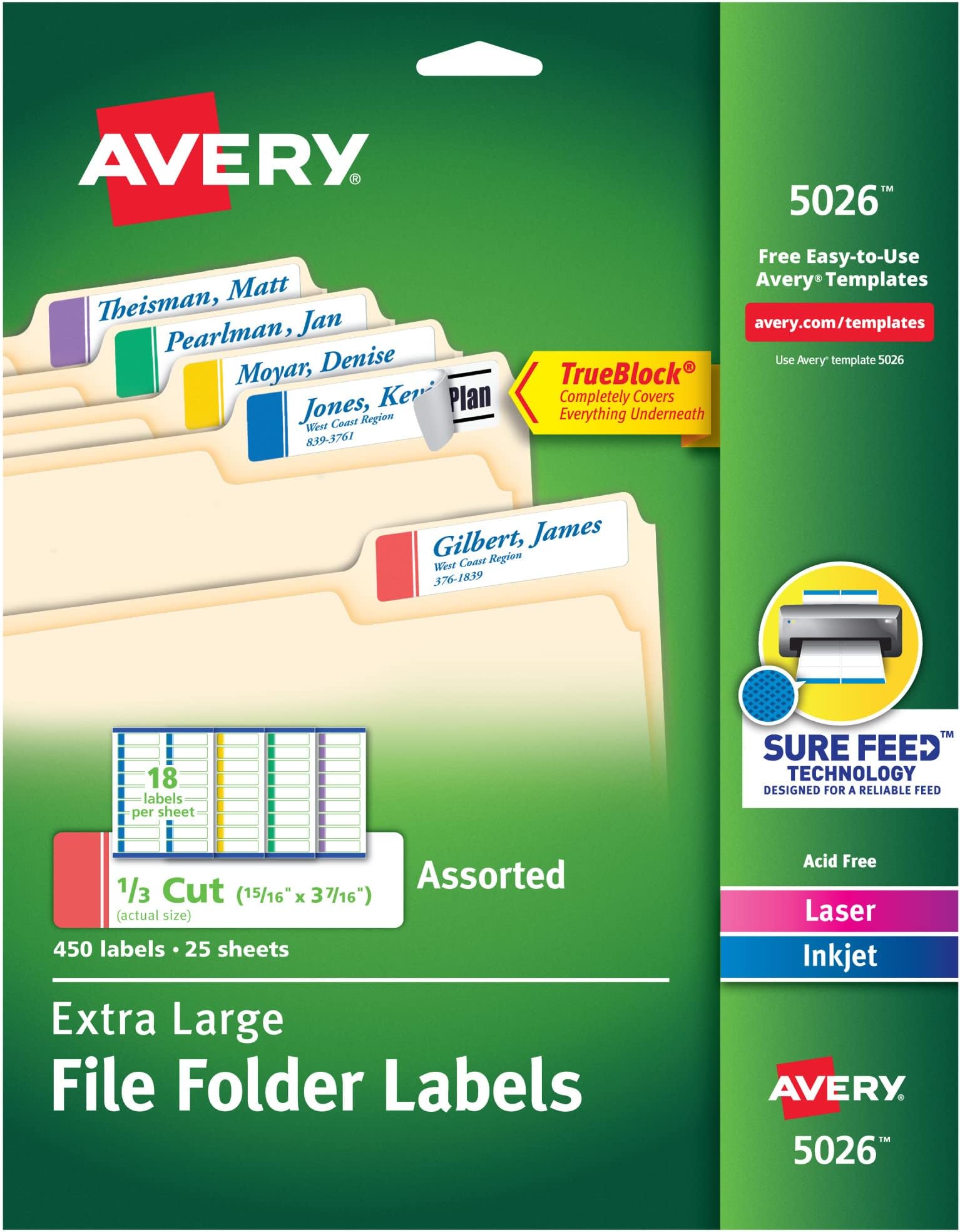 Amazon.com : Avery TrueBlock Extra Large File Folder Labels, 15/16" x 3 ...
