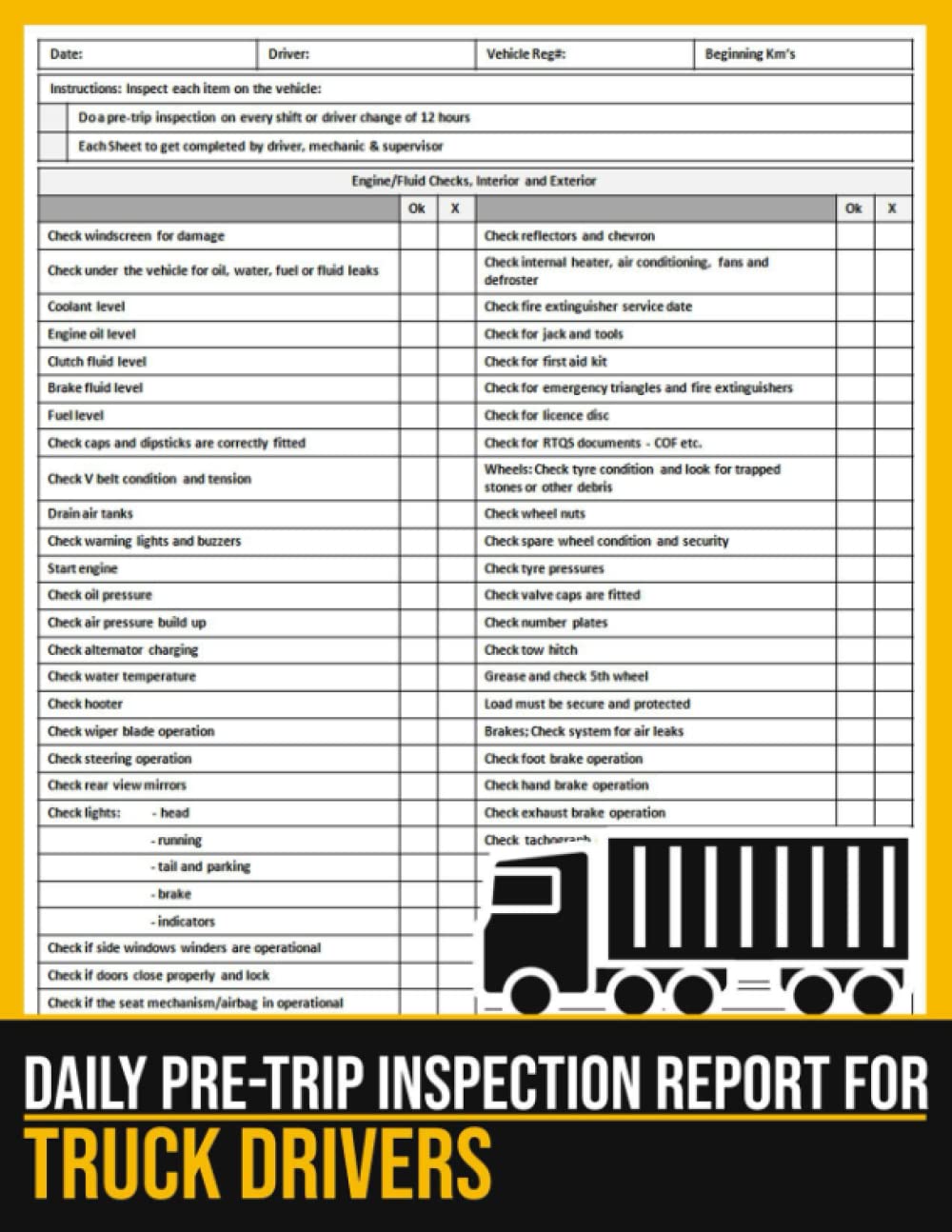 Daily Pre-Trip Inspection Report for Truck Drivers: Daily Truck Driver ...