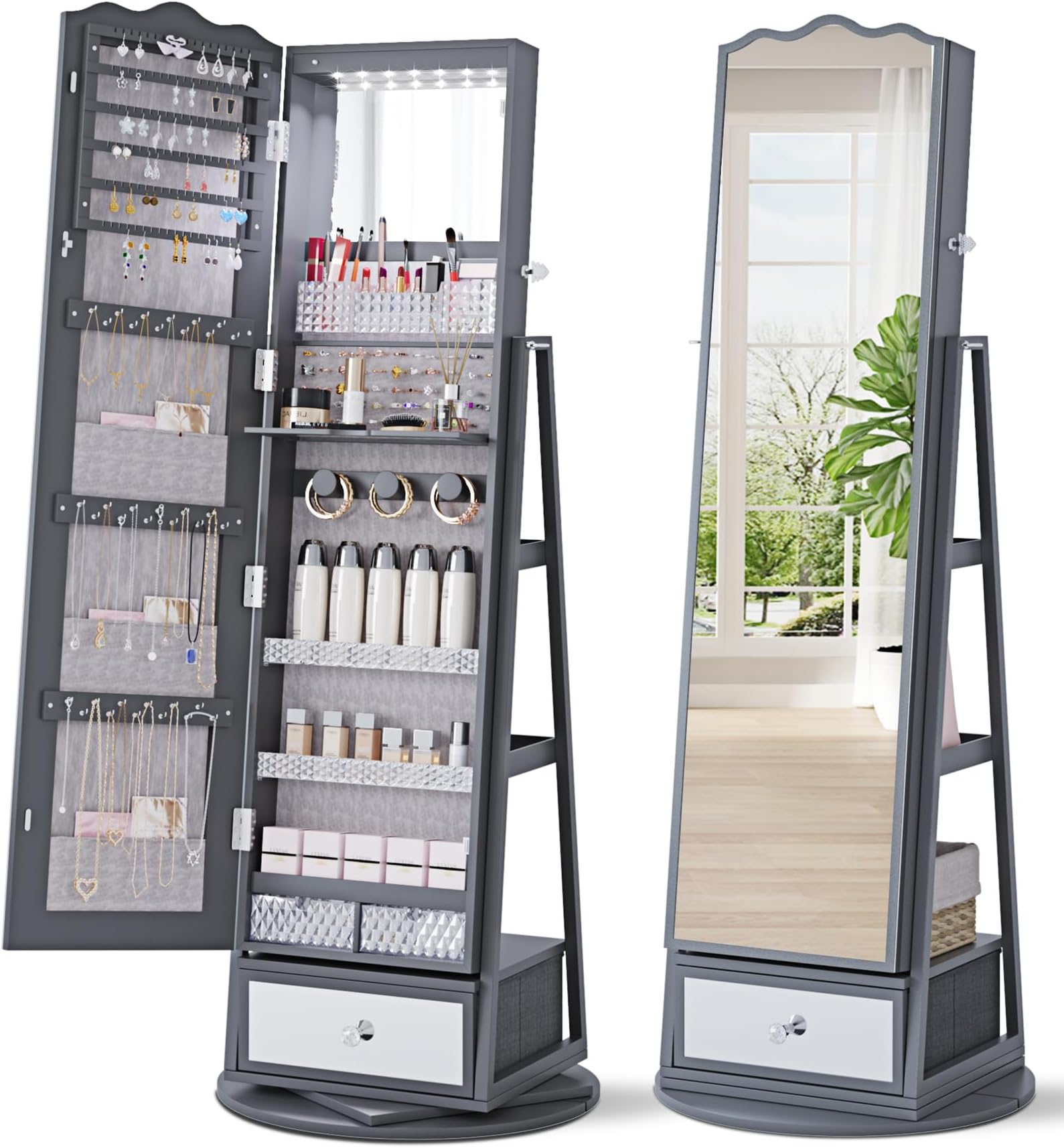 Amazon.com: Dystler 61'' Full Length Mirror Jewelry Cabinet, 360°Swivel ...