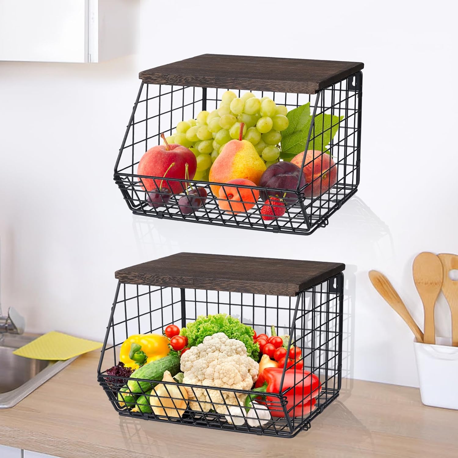 Amazon.com - 2pcs Stackable Wire Basket with Wood Top, Pantry ...