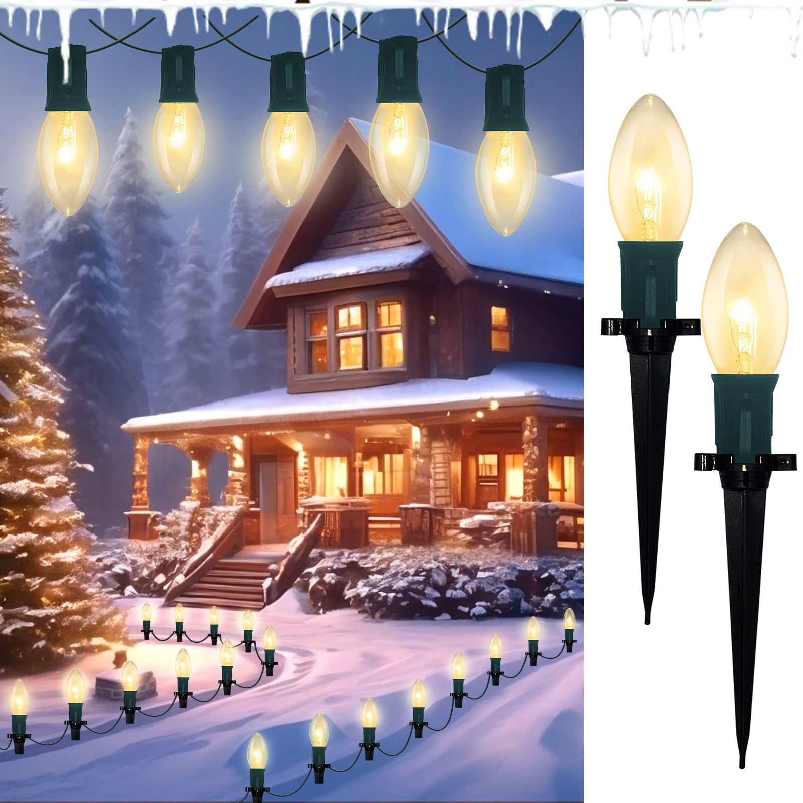 C9 Christmas Pathway Lights, 38 Feet Outdoor String Lights with 25 ...