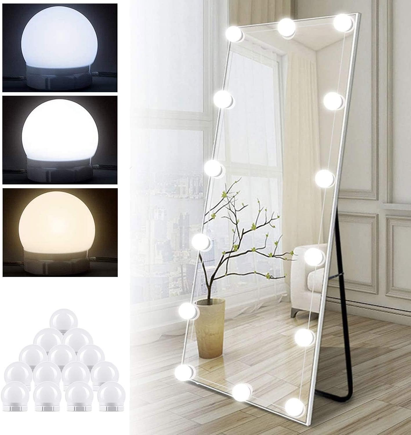 Akynite Mirror Lights 14 Bulbs Hollywood Style with USB Cable, 3 Colour ...