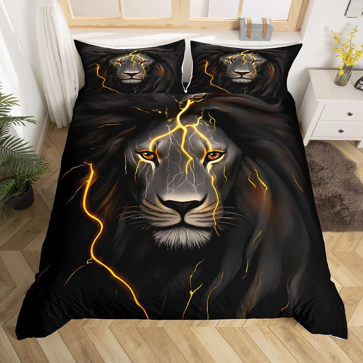 Amazon.com: Lion Bedding Animal Duvet Cover Set Queen Size Lightning ...