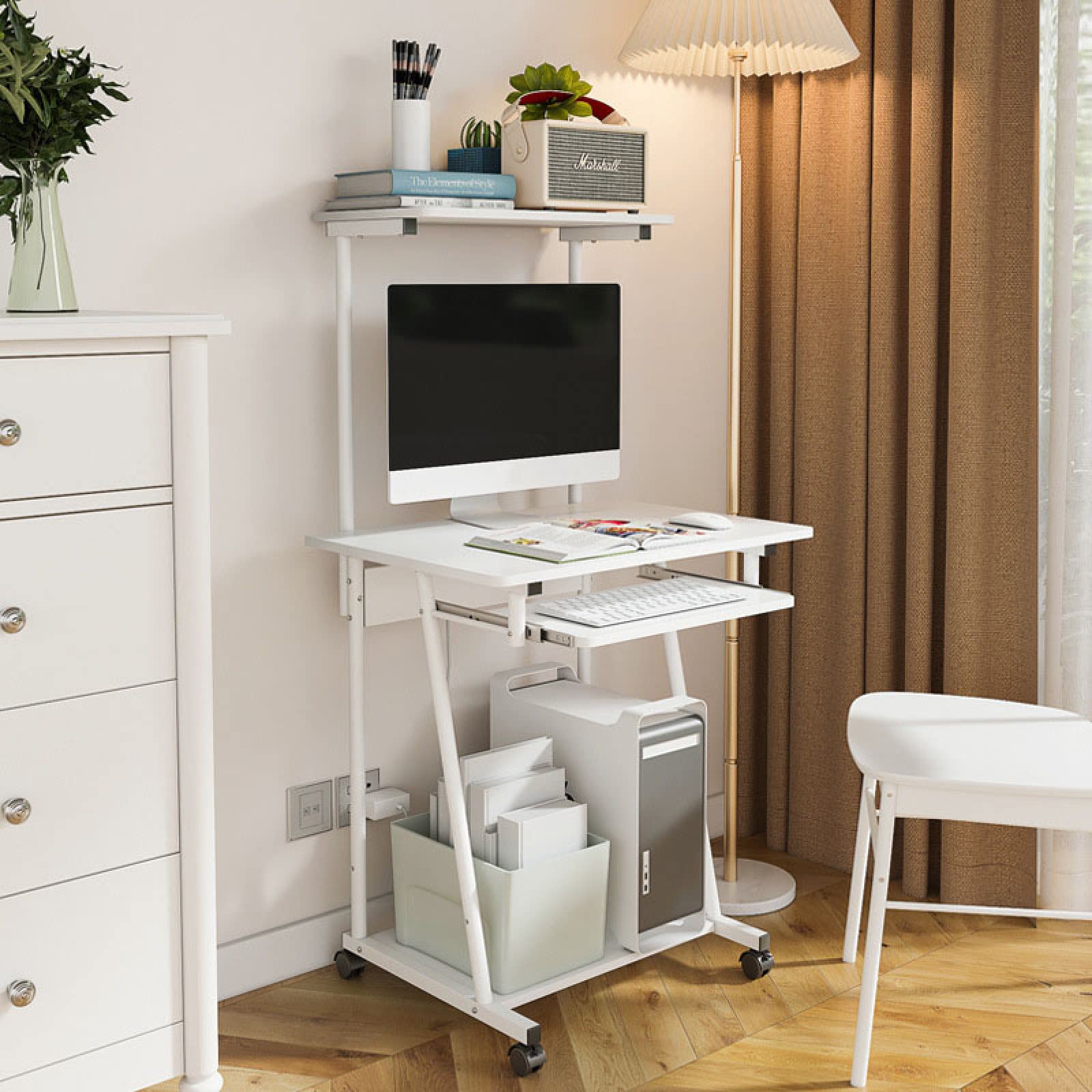 Small White Rolling Desk Urban Deco Contemporary Slim Computer Desk,