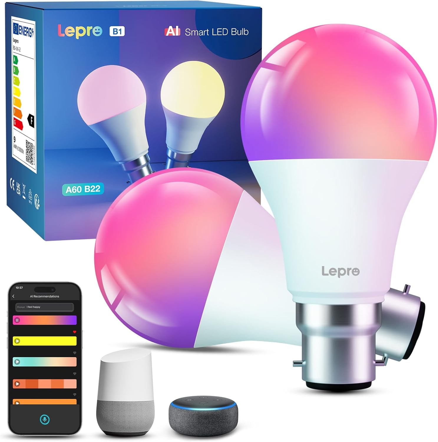 Lepro B1 AI Smart Bulb Bayonet, Bluetooth Colour Changing Bulbs, Music ...