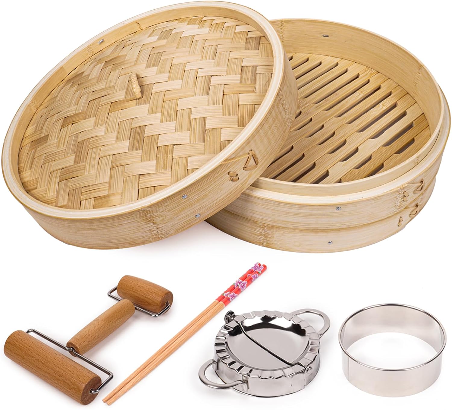 YWBYXB Bamboo Steamer Basket 10 Inch Dumpling Steamer Basket Set Food ...