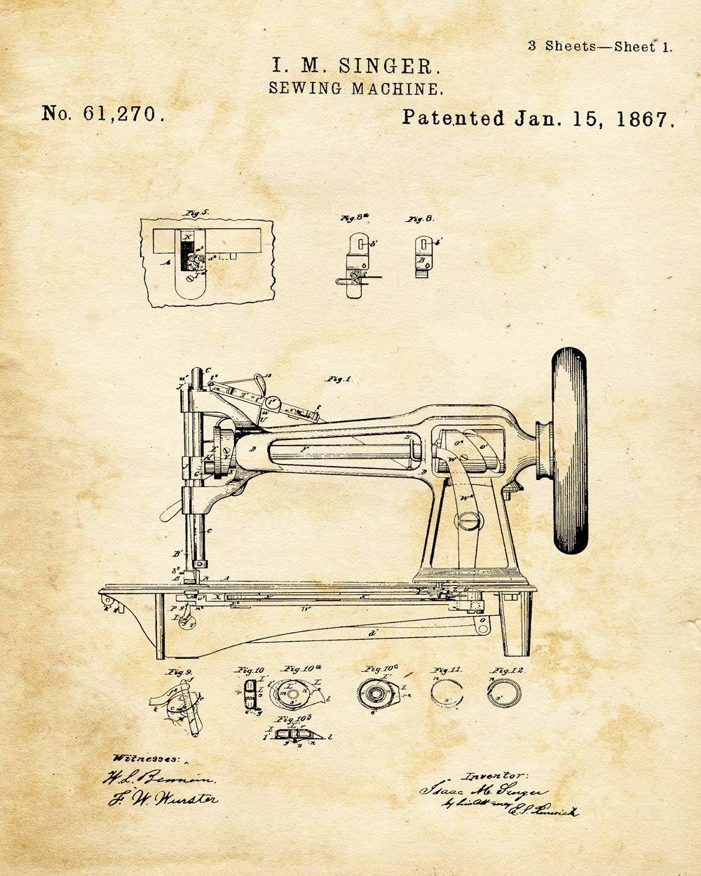 8x10 Decorative Poster Patent Invention Ephemera Early Singer Sewing ...