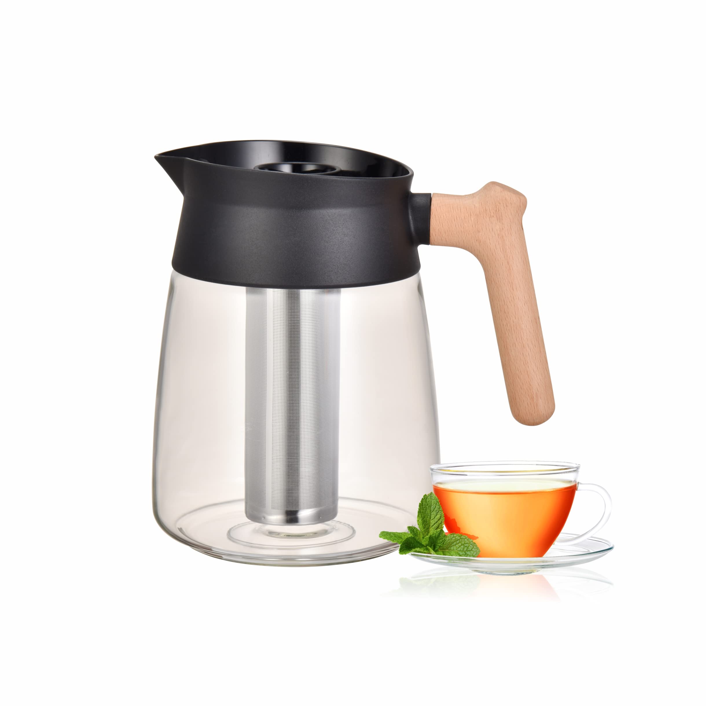 Wood Handle Glass Teapot 1.7L Cold Brew Coffee Pitcher : Amazon.co.uk ...