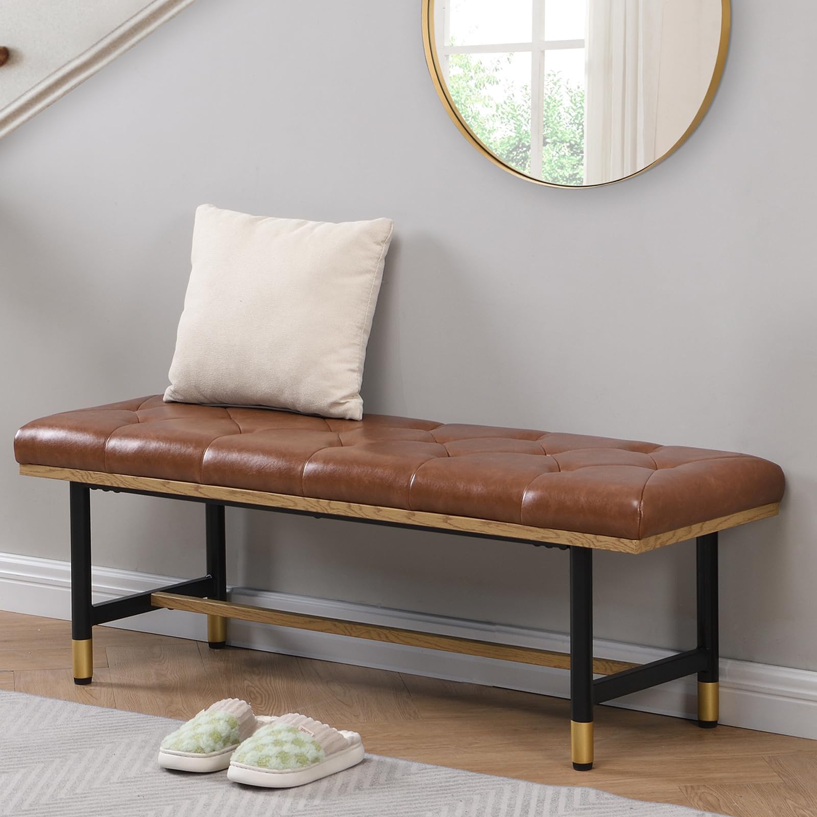 Amazon.com: Mid Century Modern Wooden Bench - Leather Bench, Entrance ...