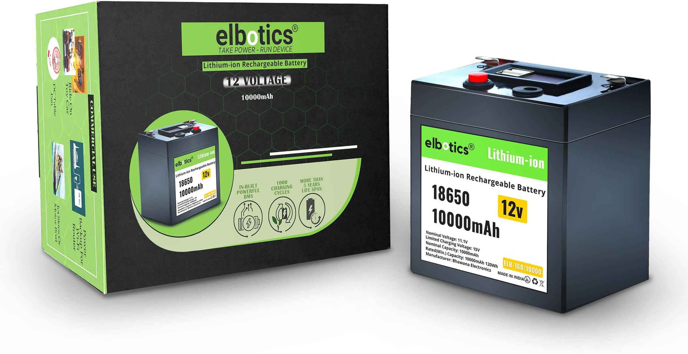 ELBOTICS®12V 10000mAh NMC Rechargeable Lithium Battery with 1000+ Deep ...