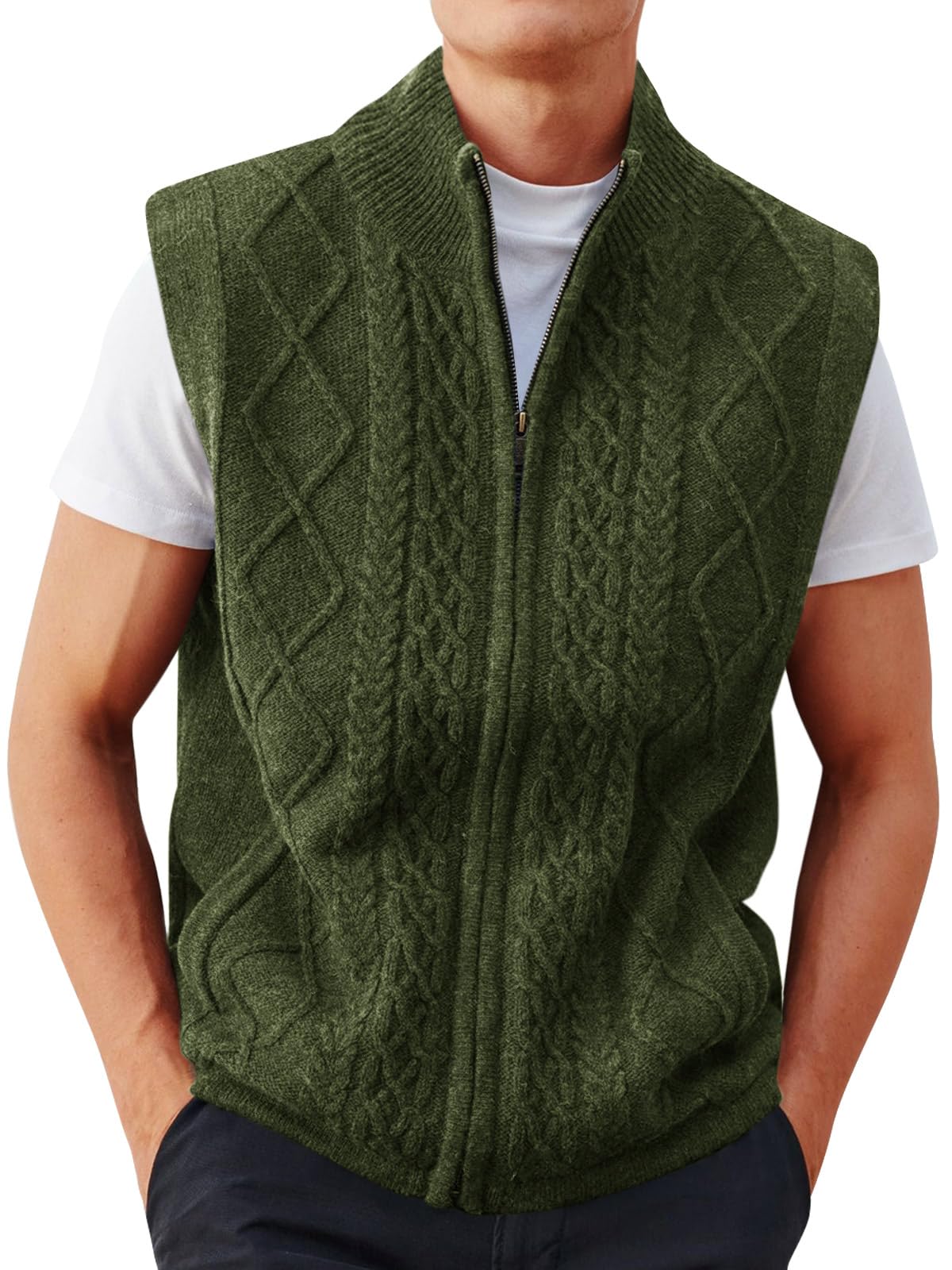 Runcati Mens Full Zip Sweater Vest Cable Knitted Cardigan Stand Collar ...