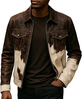 TRESSANO Men's Cowhide Leather Motorcycle Jacket – Western Cow Print ...
