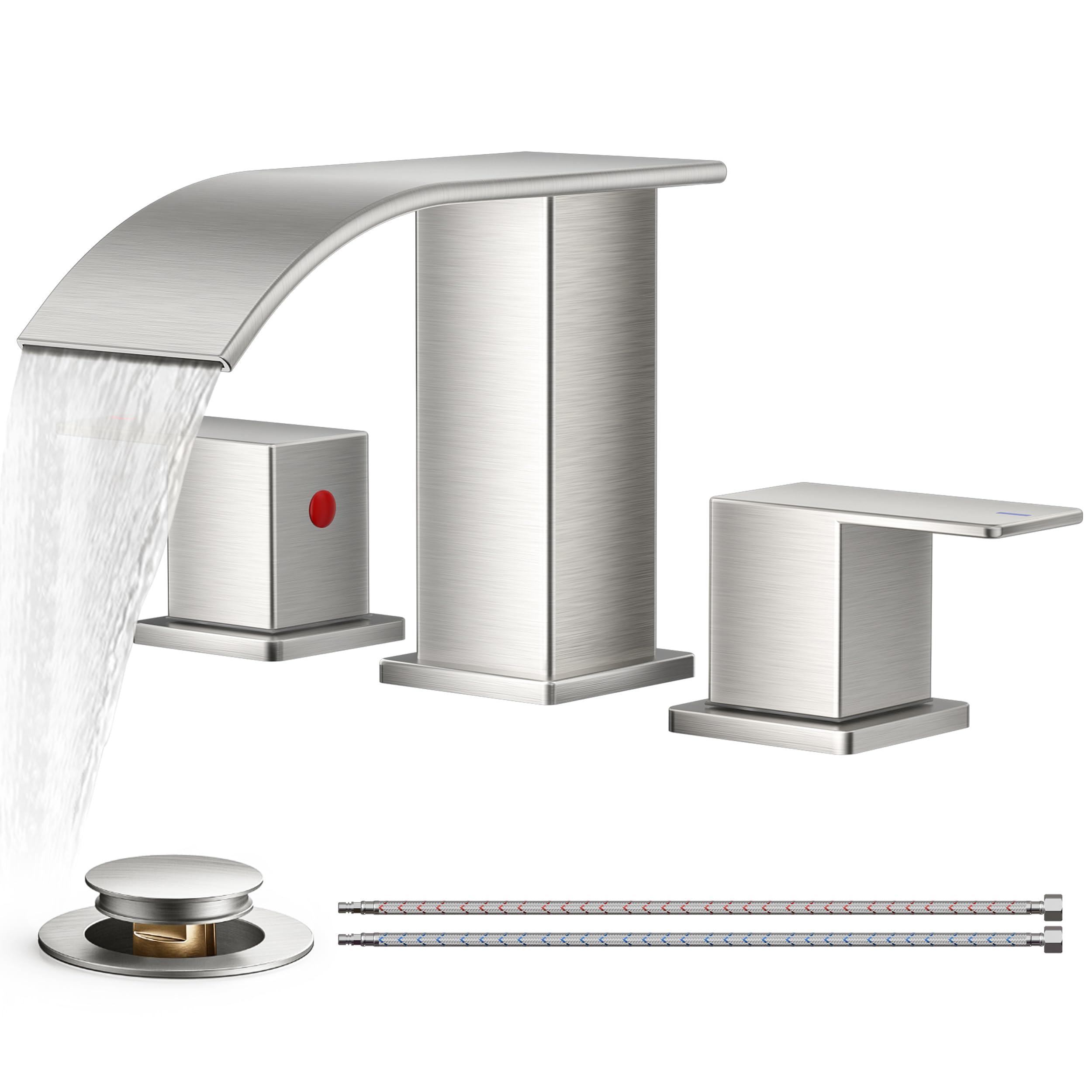 FORIOUS Square Waterfall Bathroom Faucets 3 Hole, 8 Inch Widespread ...