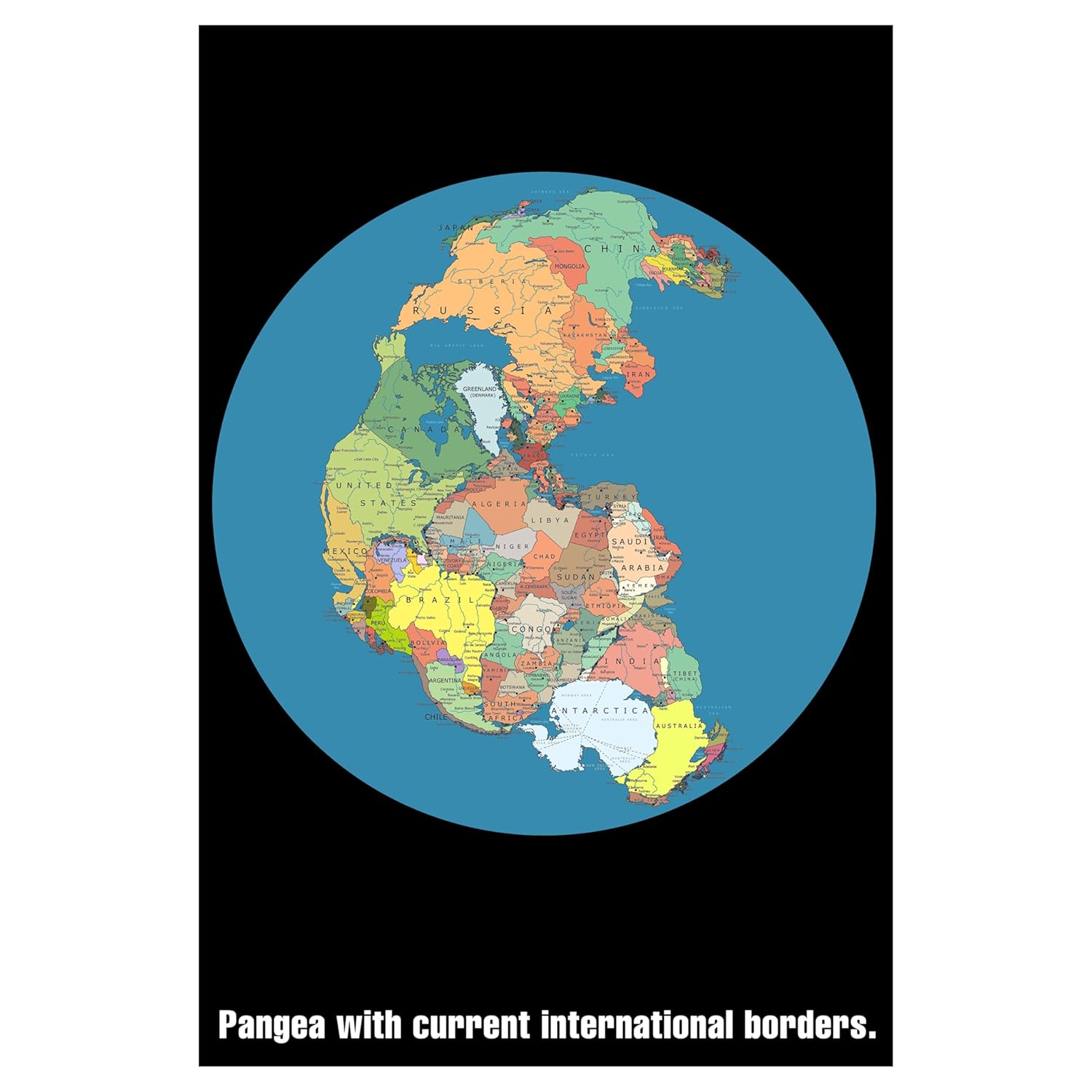 Pangea With Current International Borders Poster The World Wall Art Our ...
