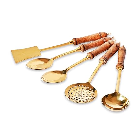 Buy Karigar Creations Spoon Set of 5 Ptal Pure Brass Utensils Pital ...
