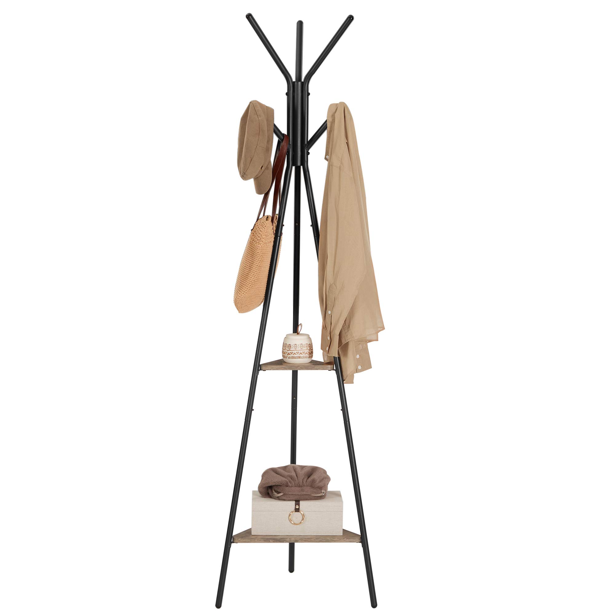 VASAGLE Industrial Style Coat Rack with 2 Shelves for Clothes, Hats ...
