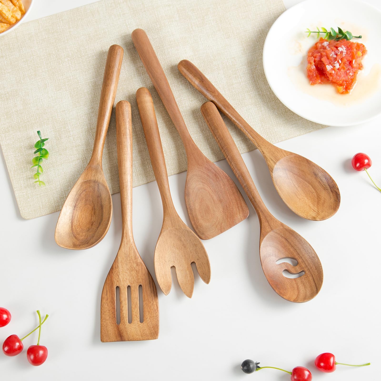 Amazon.com: Wooden Cooking Utensils With Thick Round Handle, Set of 6 ...
