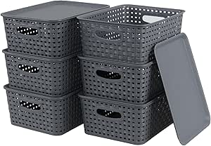 Ortodayes 6 Pack Small Plastic Basket with Handle, Grey Plastic Woven ...