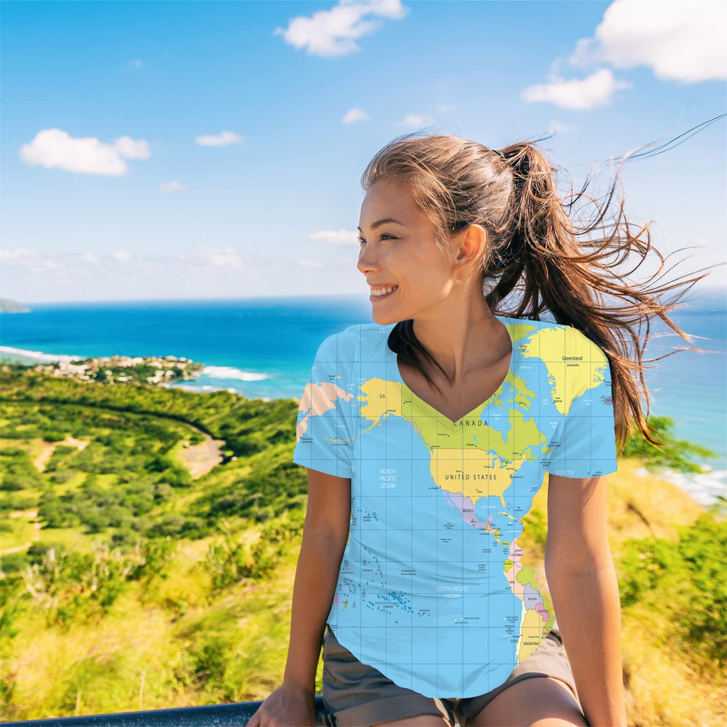 Snapklik.com : Womens World Map Shirt Earth Costume V Neck Globe T ...