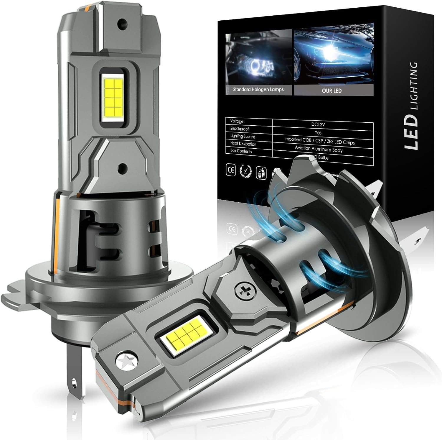 JOSHF Lampadina H7 LED Faro Auto con Ventola Silenziosa, Anti-Errore CSP CHIPS 26000LM 110W 600% ...