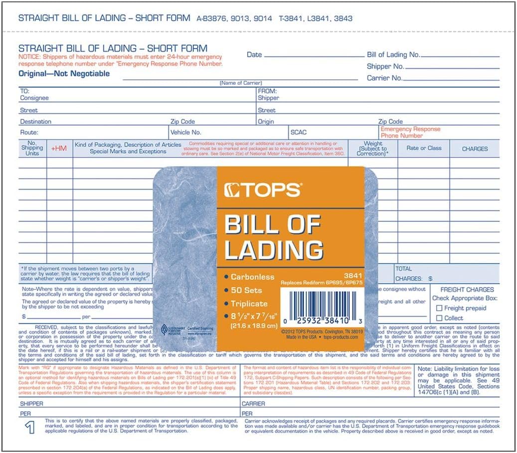 Amazon.com : Tops 3841 Bill of Lading Short Form, 7 x 8-1/2, 3-Part ...