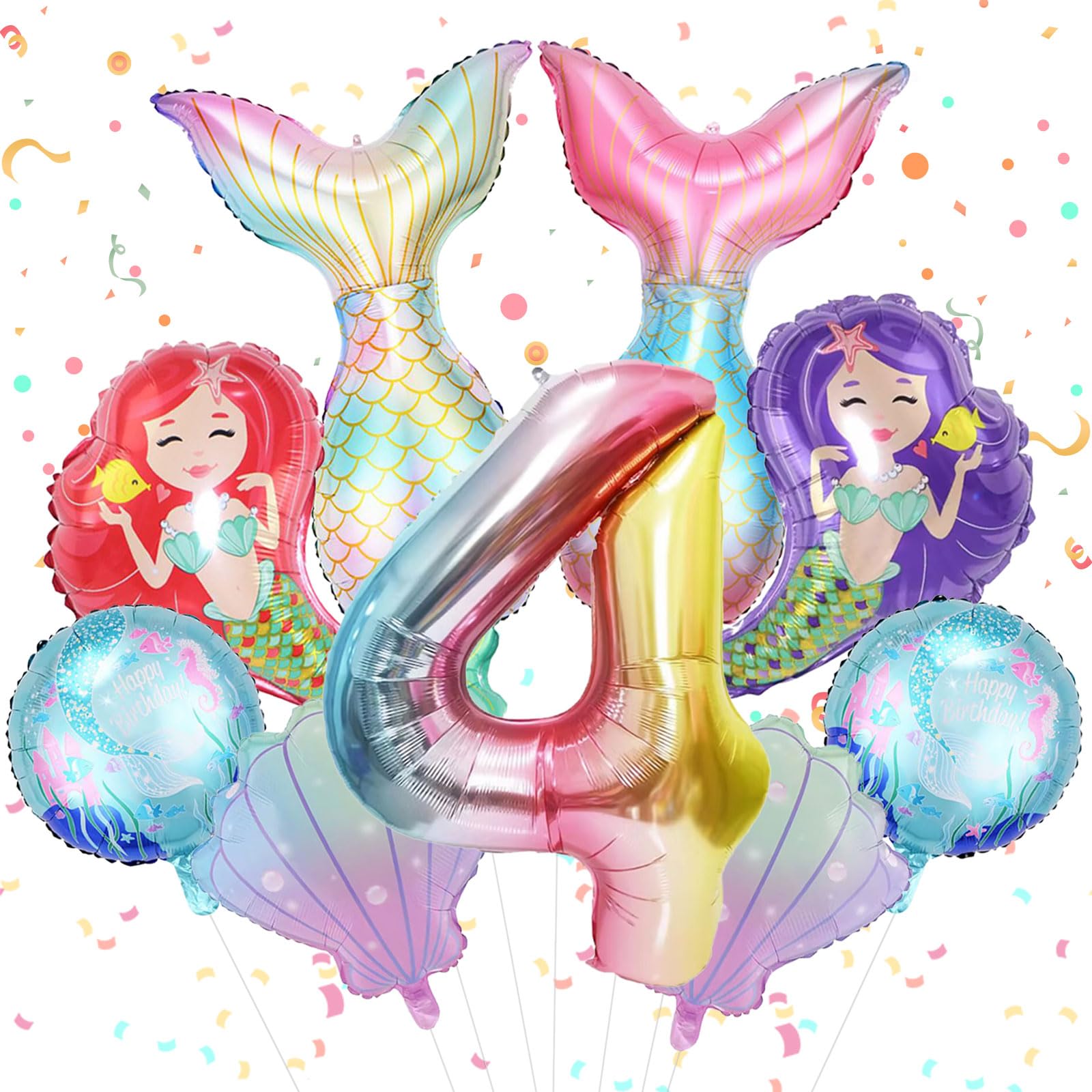 Amazon.com: 9 Pcs Mermaid Balloons Large Number 4 Balloons Colorful ...