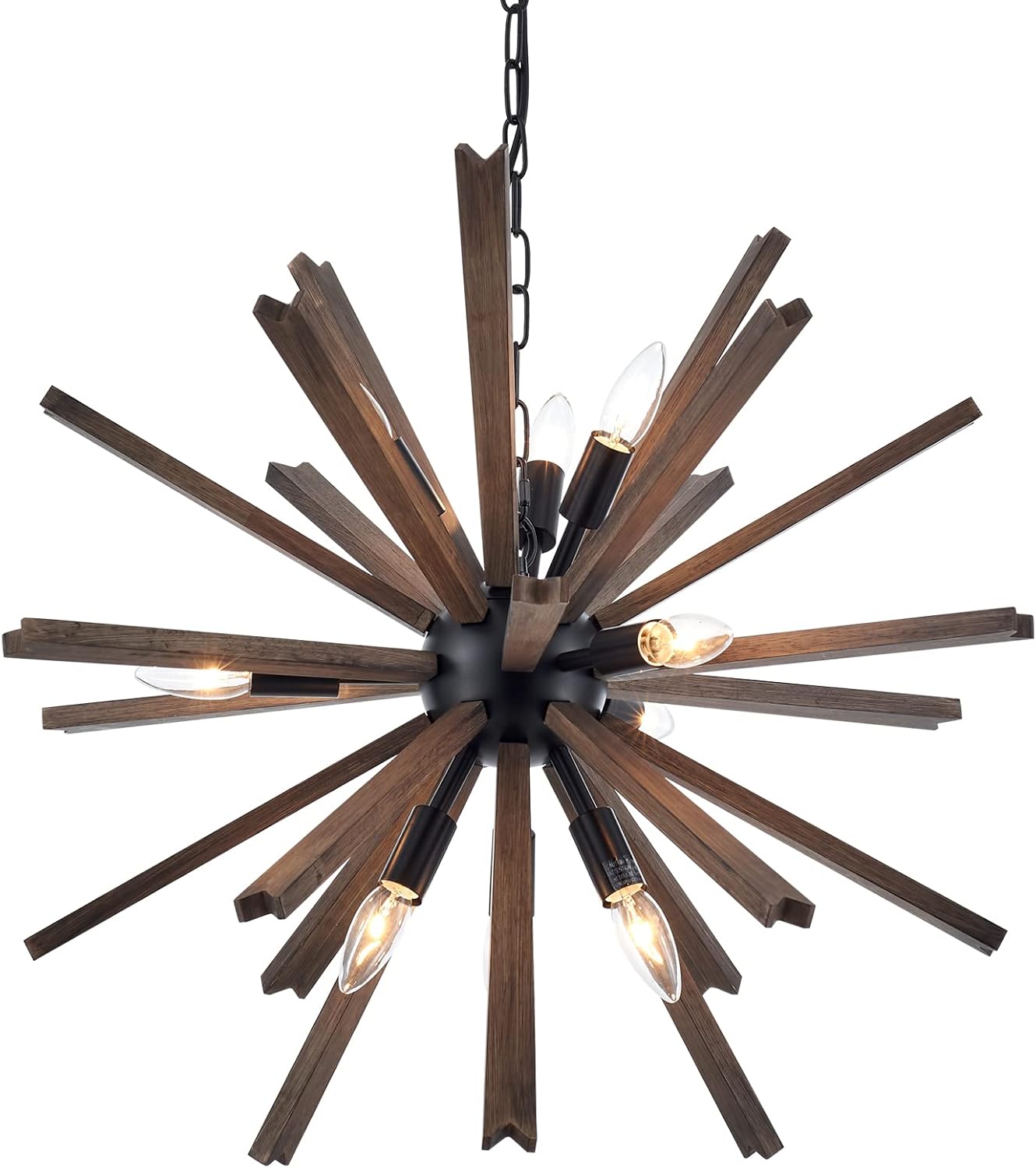 VANZARLA 9-Light Sputnik Pendant Light Black, Farmhouse Wood Chandelier ...