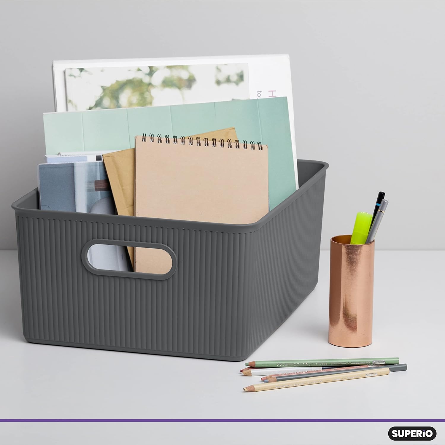 Buy Decorative Plastic Storage Bins Organizer Baskets, Large Grey (2 ...