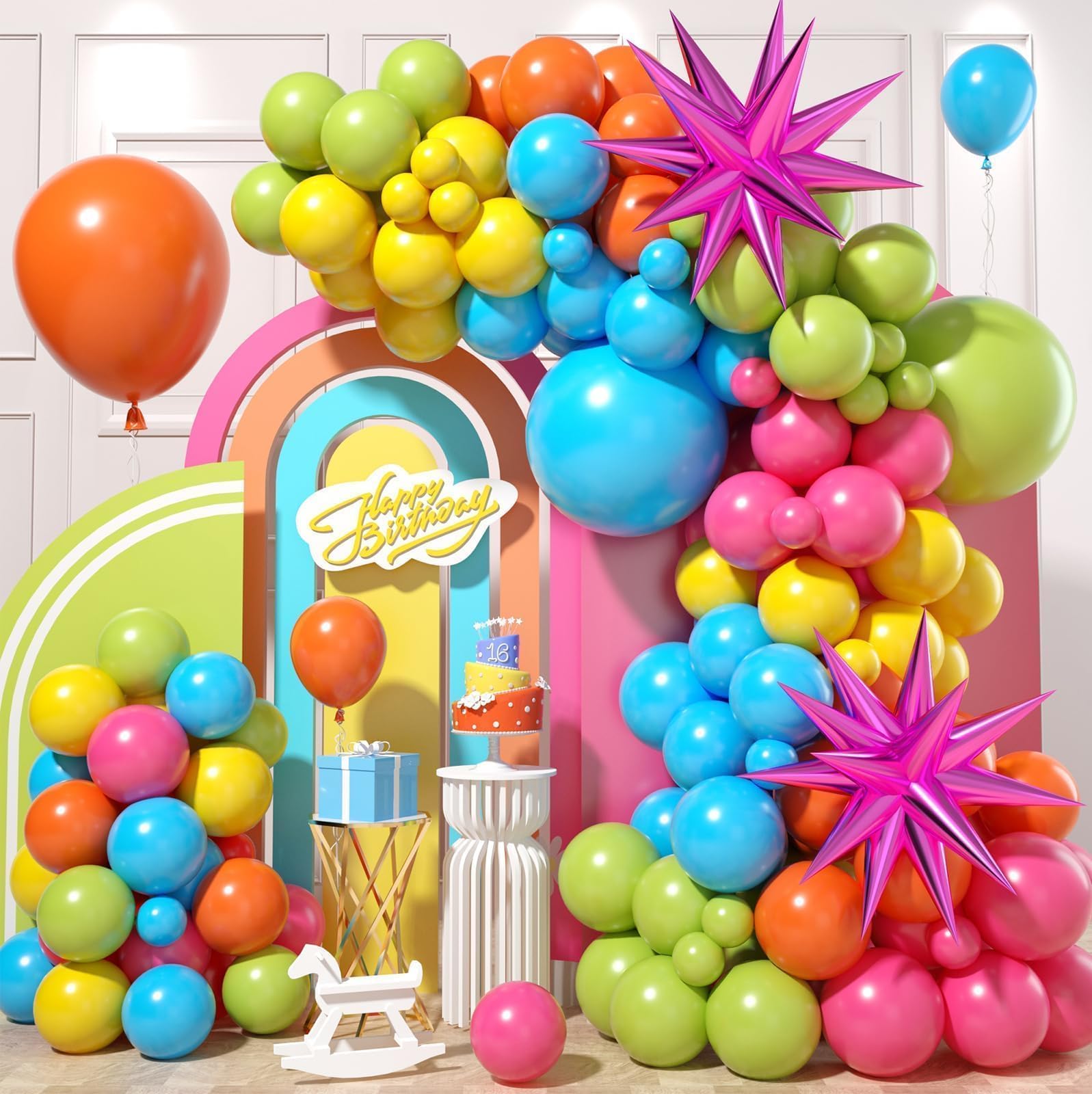 Amazon.com: Green Blue Yellow Orange Balloon Arch, Rainbow Balloon ...