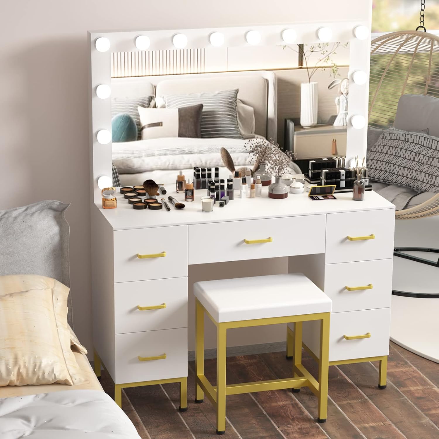 Amazon.com: PakaLife Makeup Vanity with Lights, 43.3'' L Vanity Desk with Mirror and 14PCS LED ...