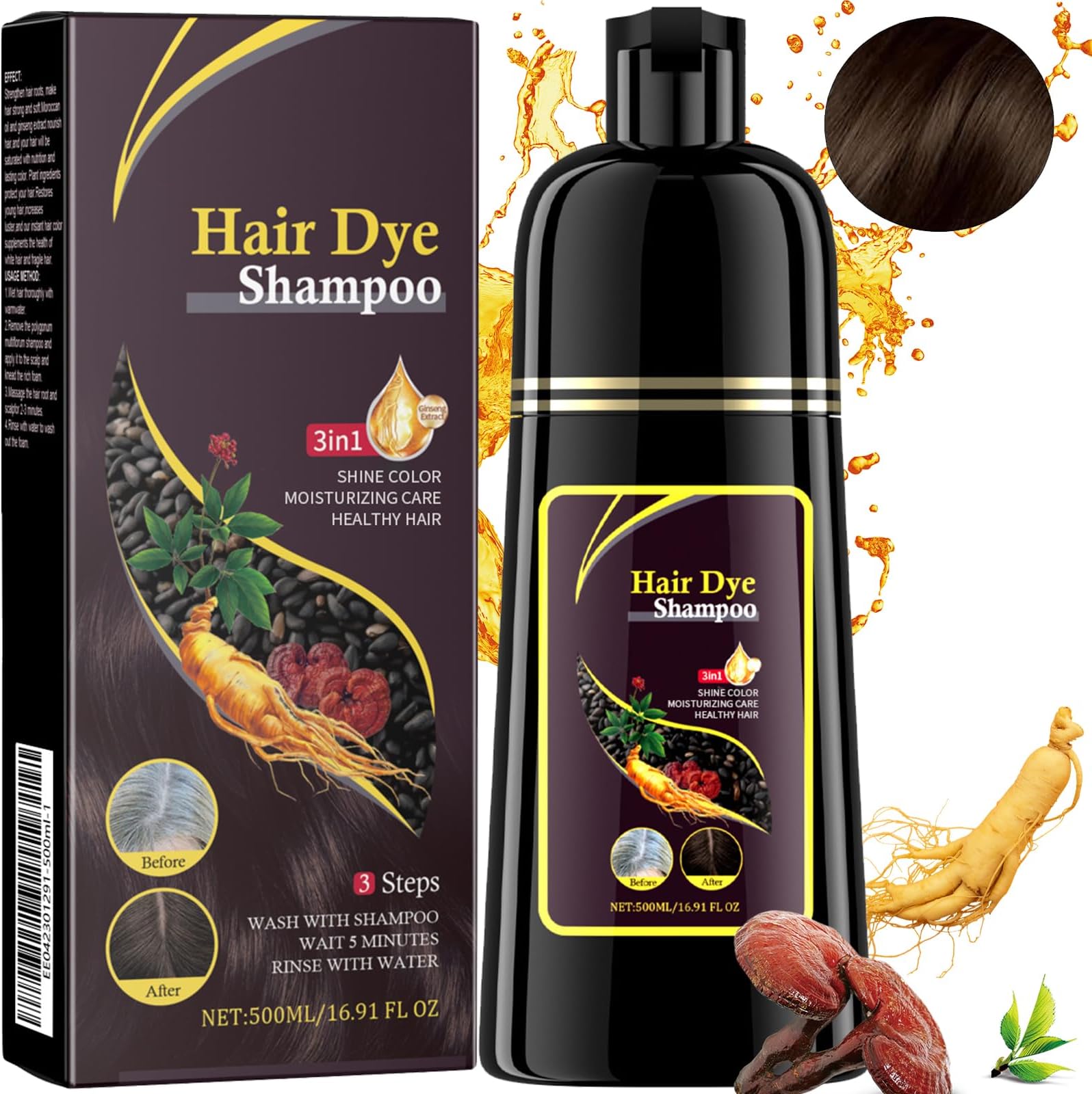 Amazon.com : Black Hair Dye Shampoo 3 in 1 for Gray Hair 500ML Instant ...