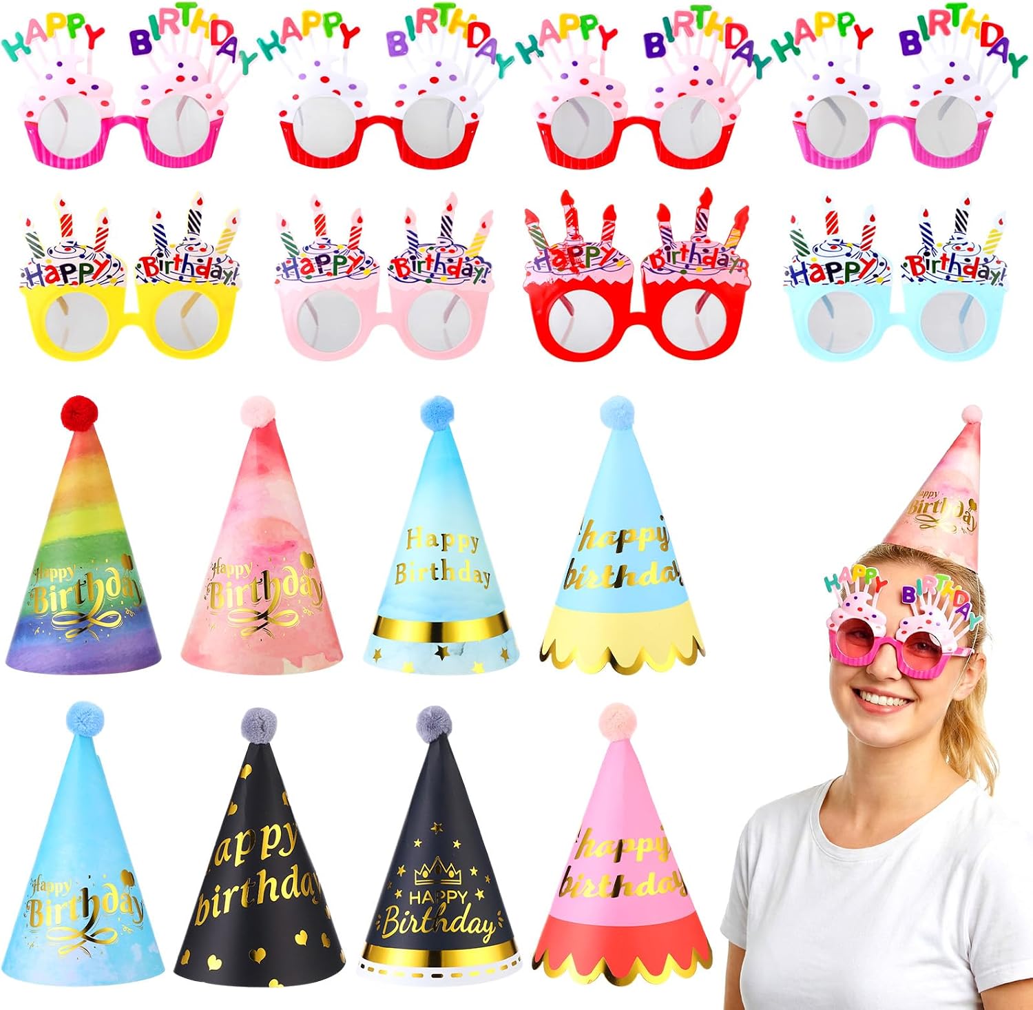 Amazon.com: Ckhoid 16Pcs Birthday Party Hats, Party Cone Hat with Pom ...