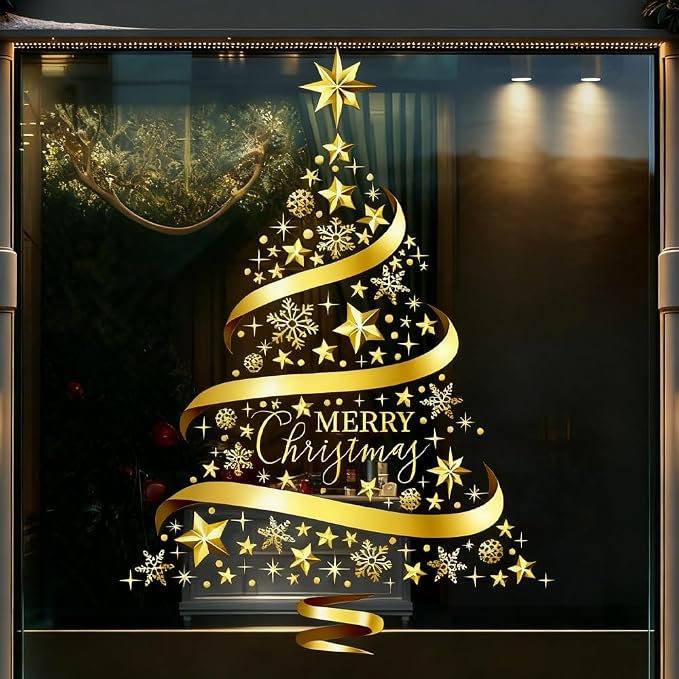 Large Golden Christmas Decorations Tree Window Clings Stickers for Home ...