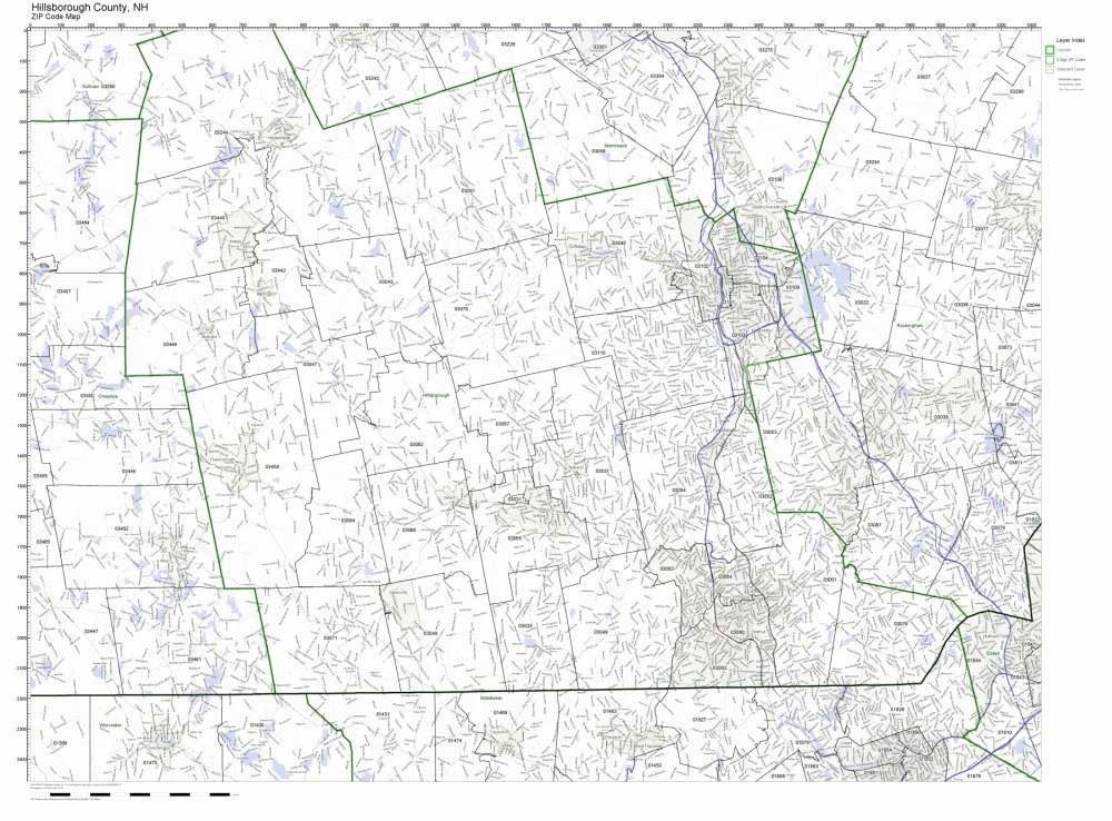 Hillsborough County, New Hampshire NH ZIP Code Map Not Laminated ...