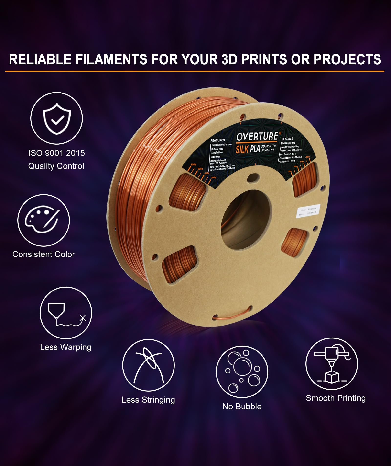 Snapklik.com : OVERTURE Silk Filament PLA 1.75mm Clog-Free Shiny 3D ...