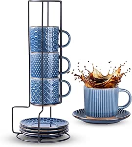 GBhome 6OZ Stackable Coffee Mugs with Stand and Saucer, Ceramic Coffee ...