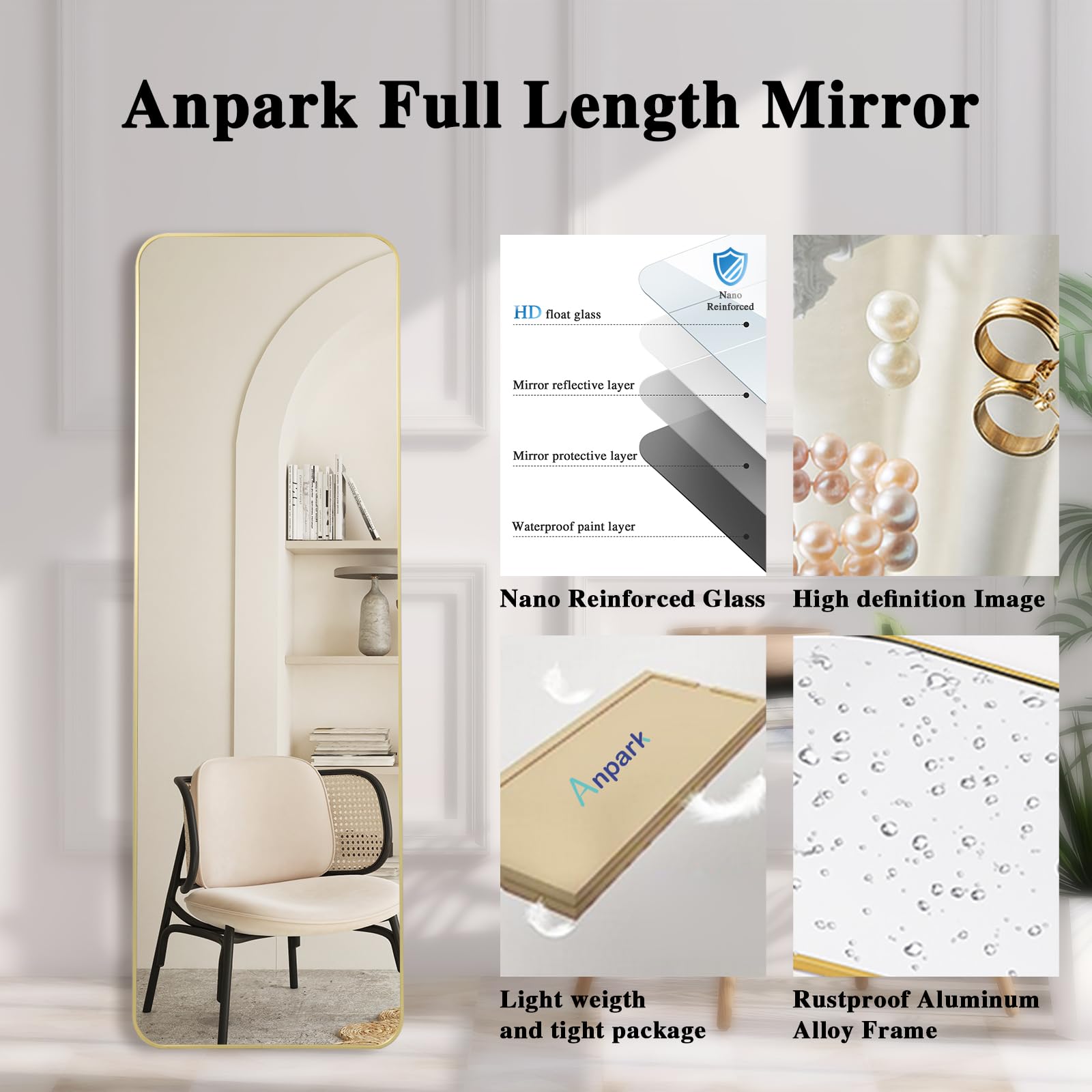 Snapklik.com : Anpark Gold Rectangle Mirror Full Length