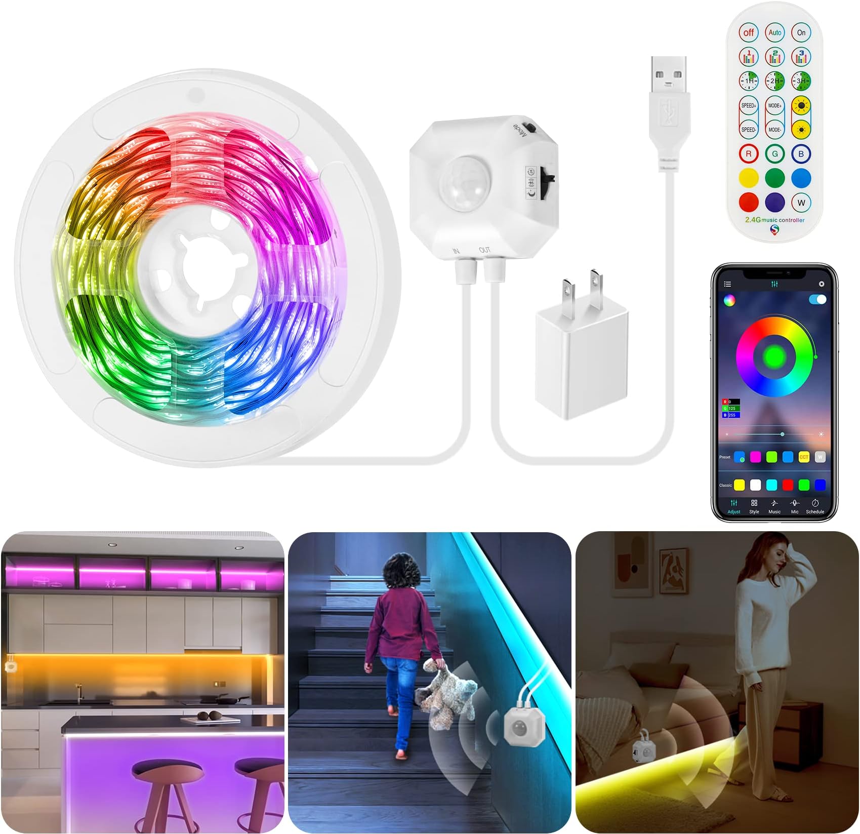 Motion Sensor Light Indoor,9.8ft RGB LED Strip Lights with Stay On ...