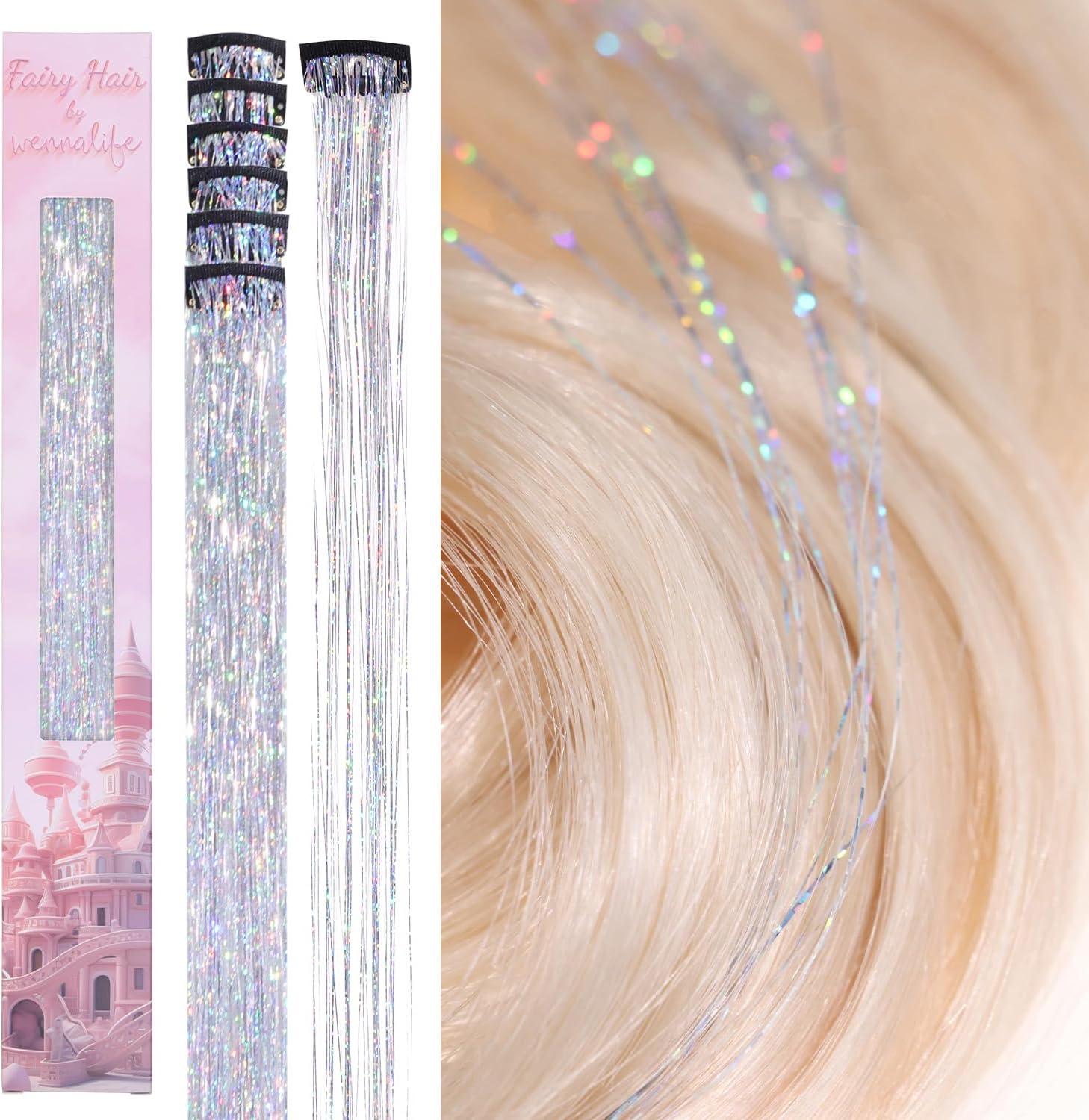 Amazon.com : YOOONXI 12Pcs Hair Tinsel Clip in 19.6Inch Glitter Tinsel ...