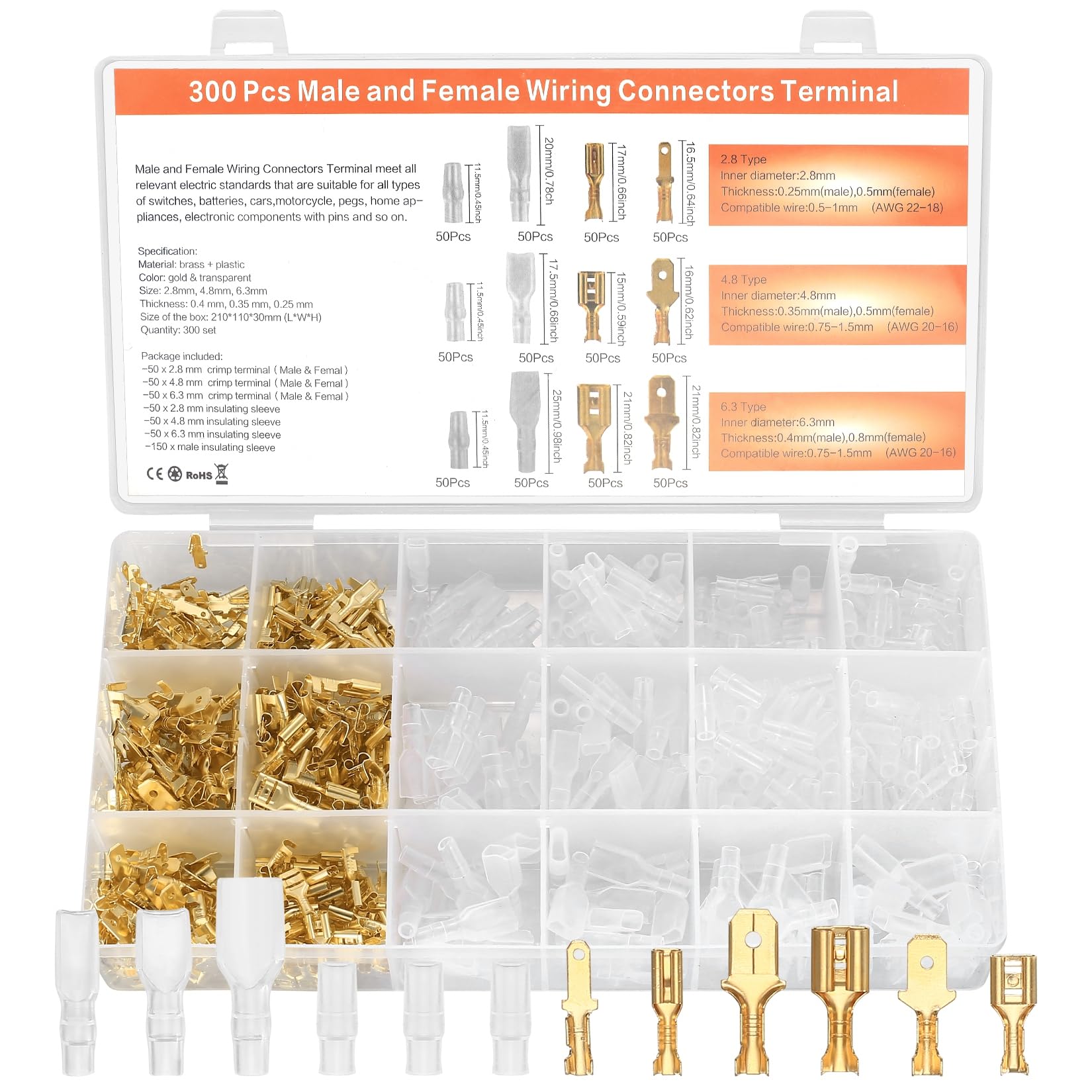 Wire Spade Connectors, 300pcs Male Female Spade Connectors, Quick ...